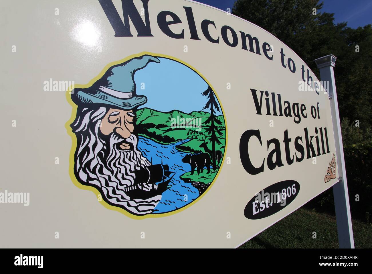 Welcome to Village of Catskill road sign wide angle with trees in ...