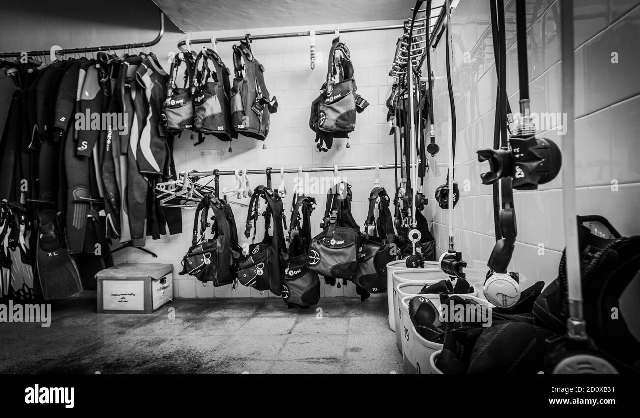 Diving centre equipment Stock Photo - Alamy