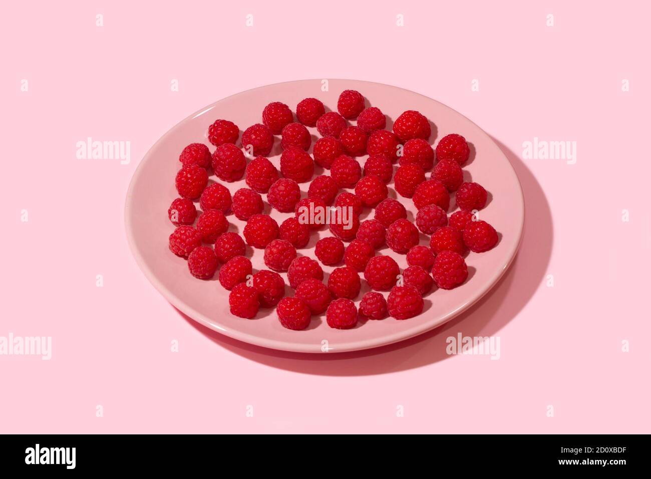 Bright ripe juicy raspberries on a pastel pink plate on a pastel light ...
