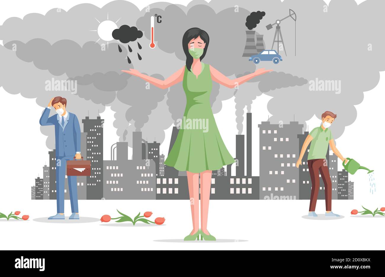 Air pollution flat illustration. Sad people in protective face masks ...