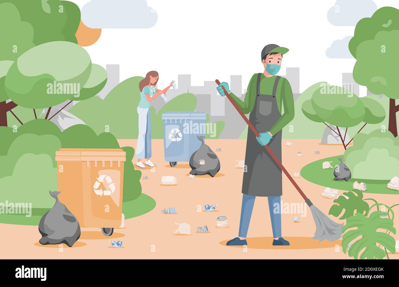 People clean park, collect and sort garbage vector flat illustration ...