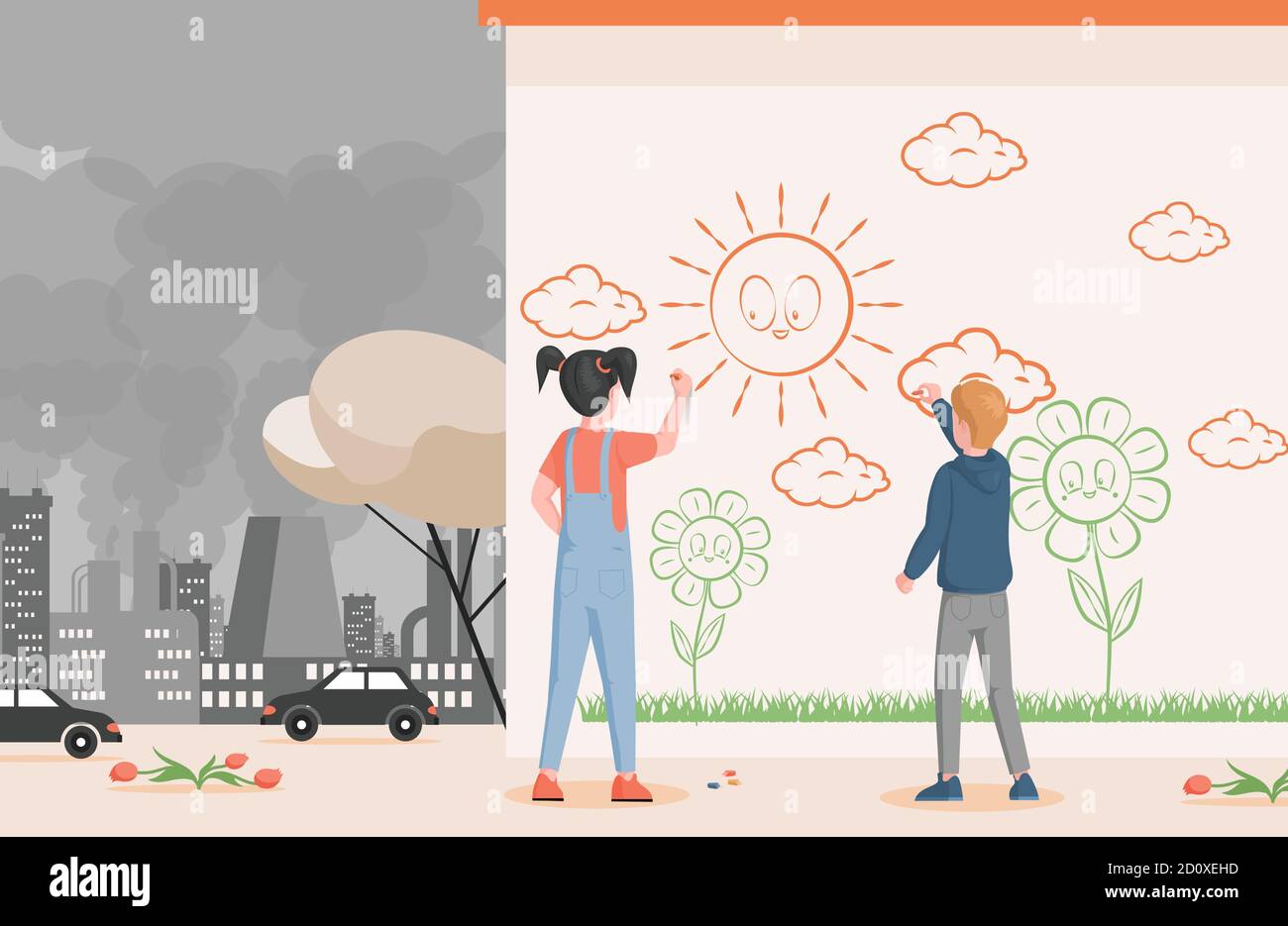 Little boy and girl drawing on the wall in the city vector flat ...