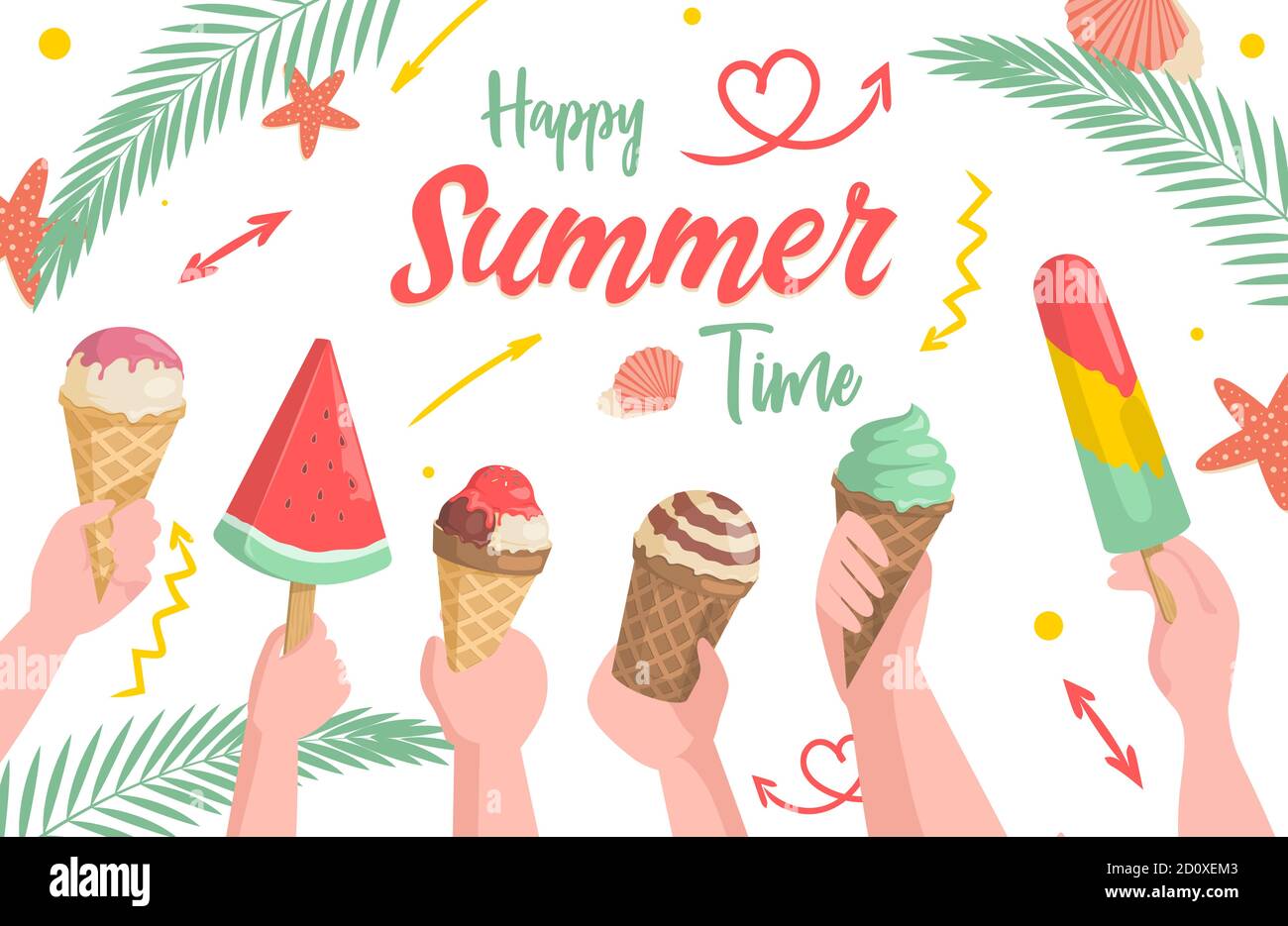 Happy summer time vector flat banner concept with text space. Hands ...