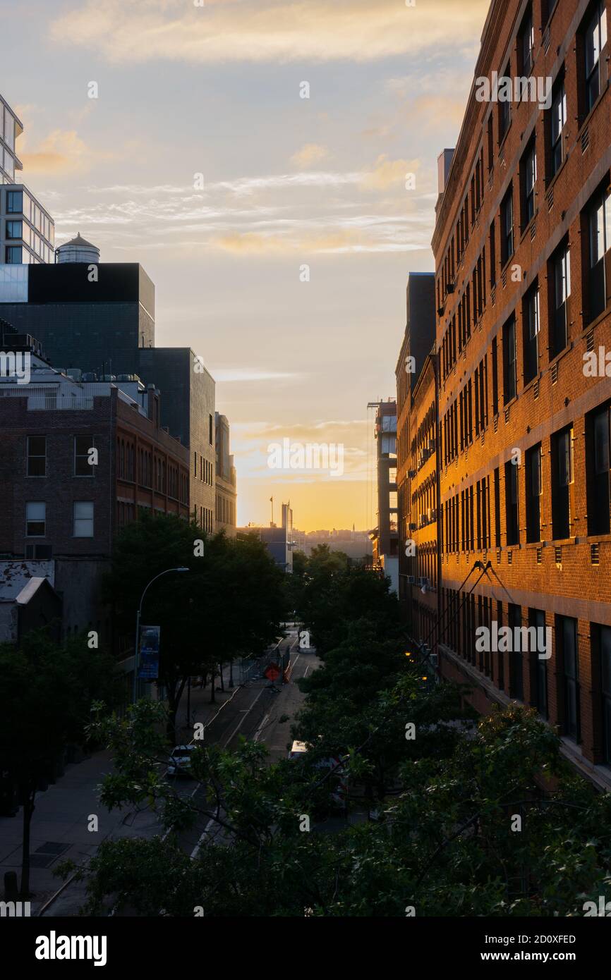 A view from the High Line on the street with buildings in West side ...