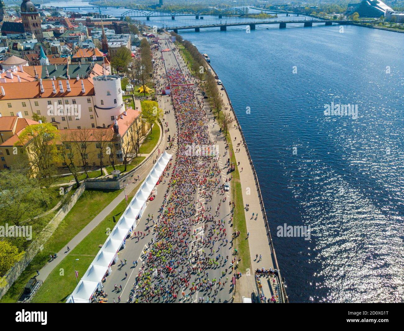Aerial shot of people participating in the RImi Riga marathon ...