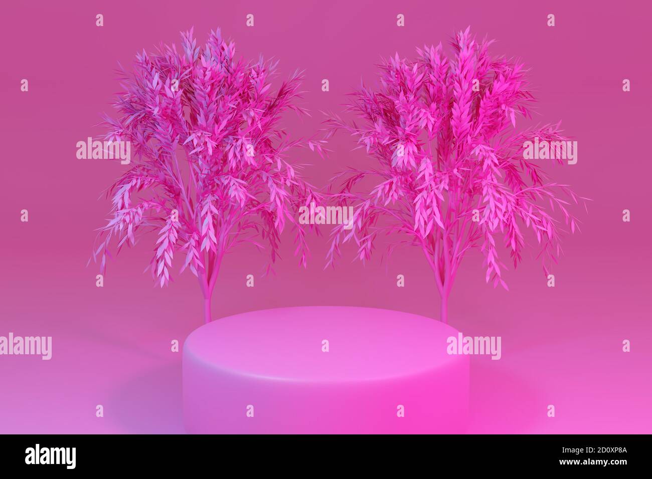 3D illustration of a large neon deciduous tree under pink light with ...
