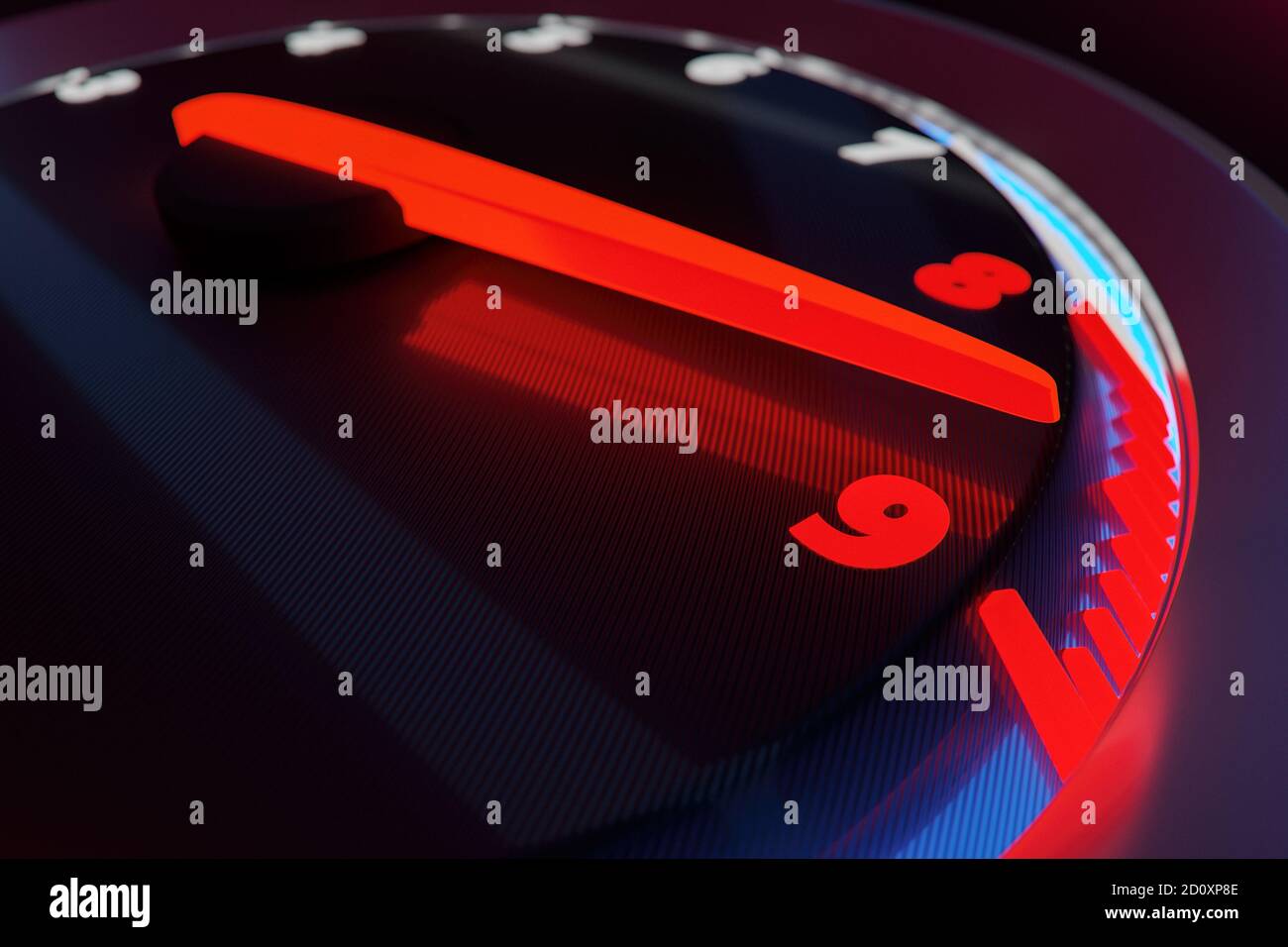 3D illustration close up black car panel, digital bright tachometer ...