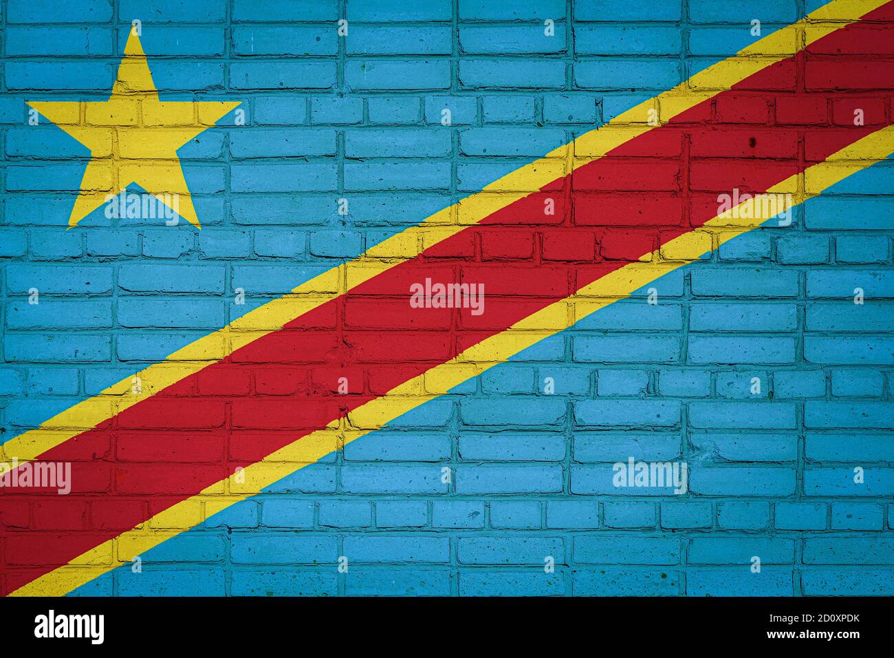 National flag of Democratic Republic of the Congo depicting in paint ...