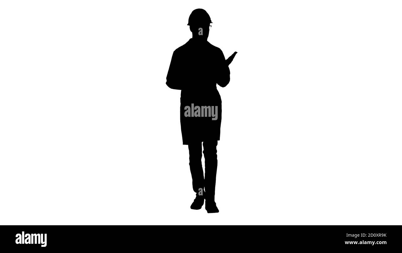 Silhouette Scientist in white robe and helmet presenting pointing to ...