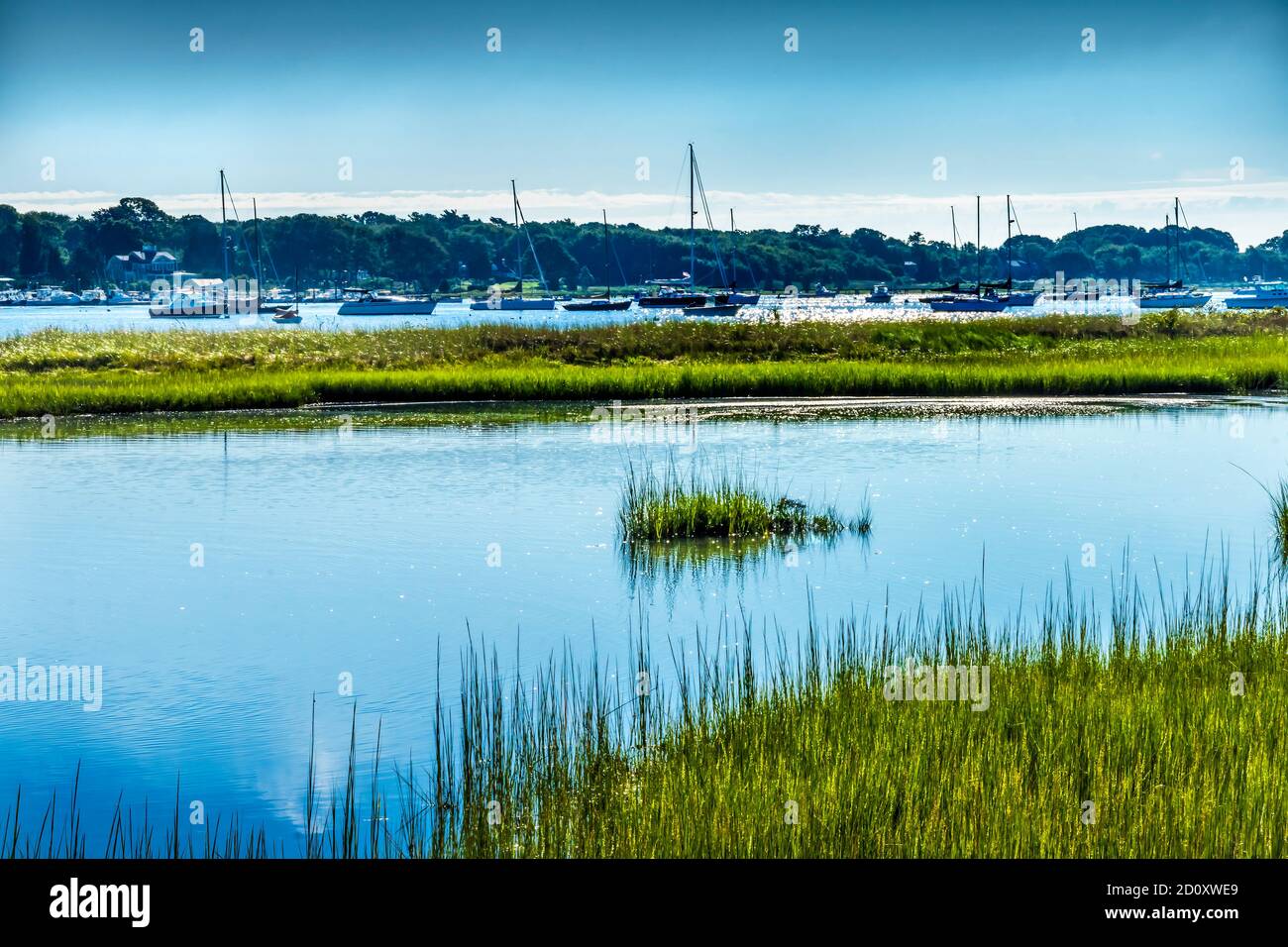Green Marshland Sailboats Padanaram Harbor Boats Moorings Motor Boats ...