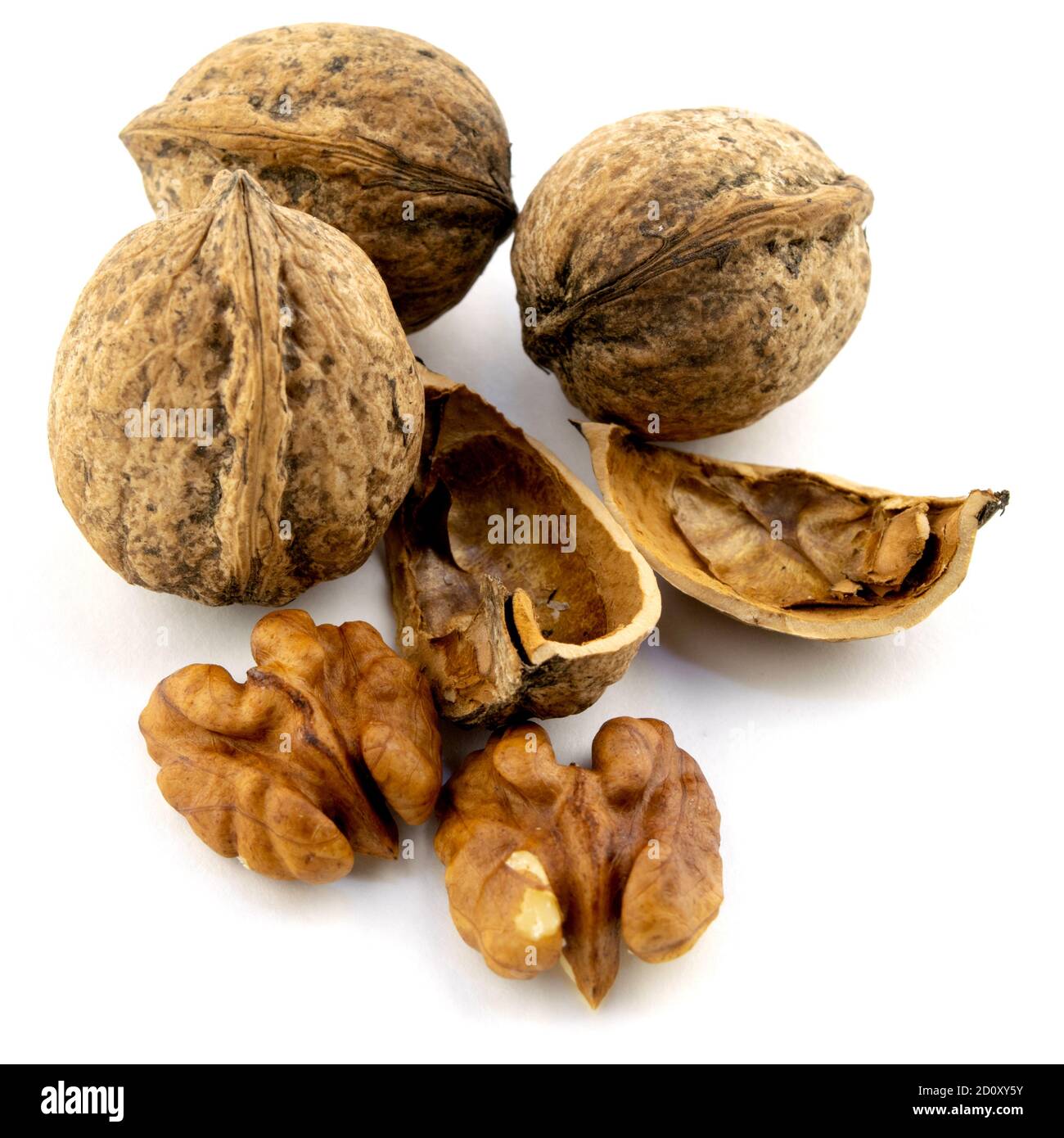 whole and peeled walnut kernels on a white background Stock Photo - Alamy