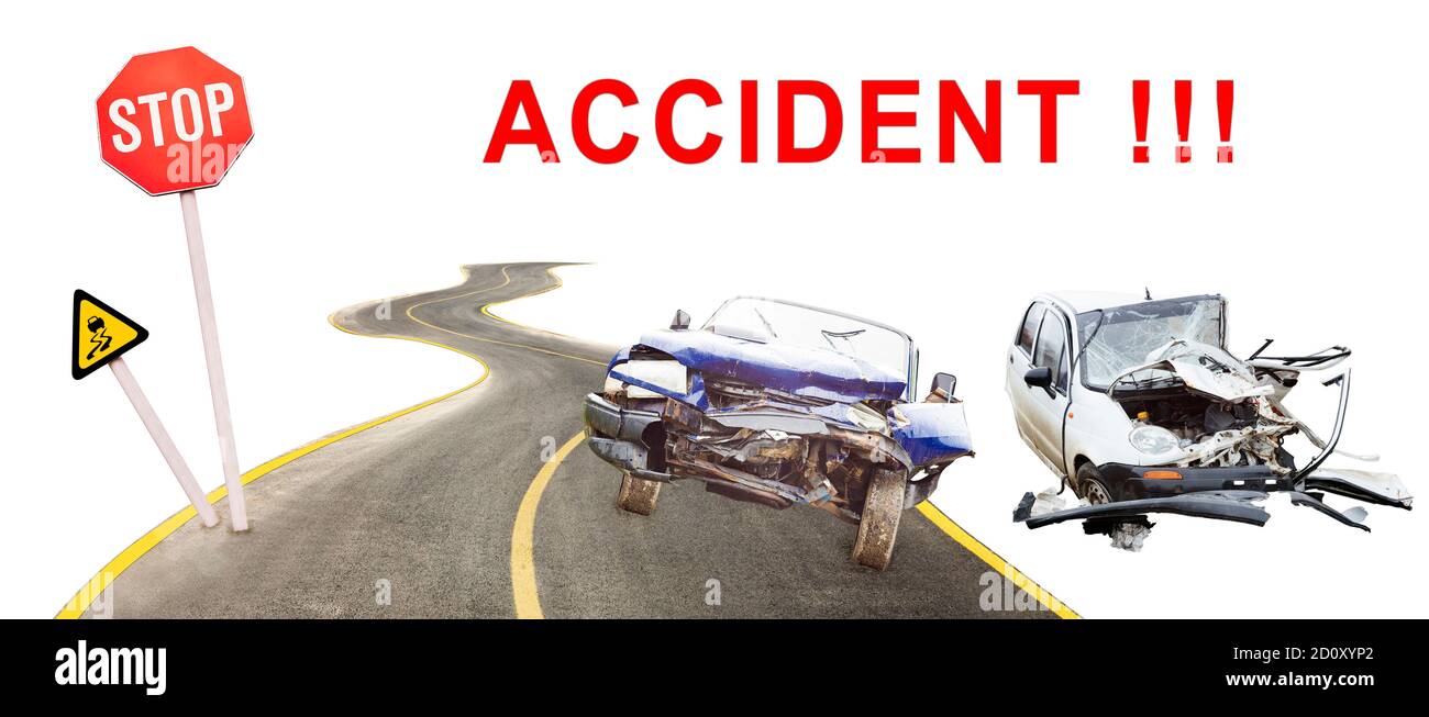 accident warning with rod signs and wrecked car isolated on white Stock ...