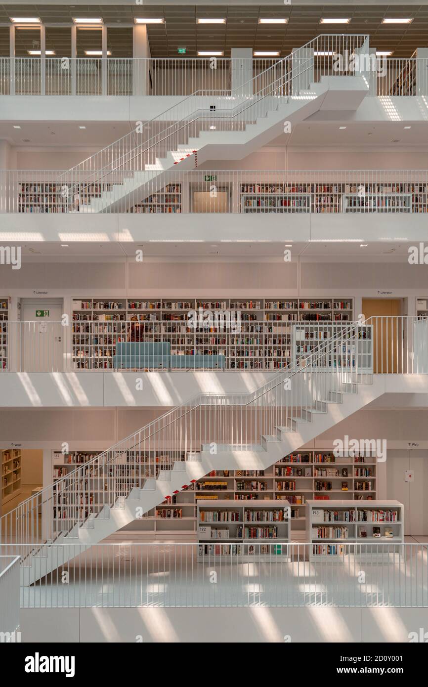Stuttgart, Germany - Aug 1, 2020 - Stairs of Stadtbibliothek public ...
