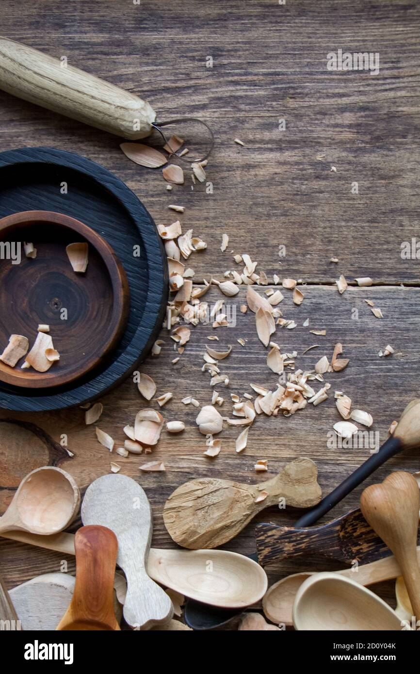 Handmade wooden kitchen utensils, top view lot of billets, spoons and ...