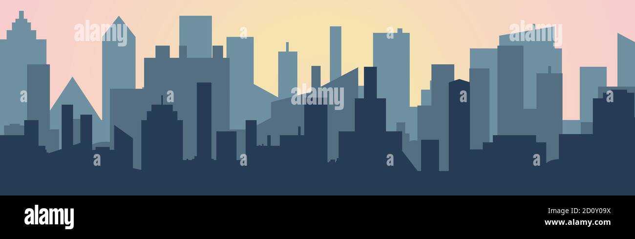 Silhouette of the cartoon city on shadow backgound. Urban vector symbol ...