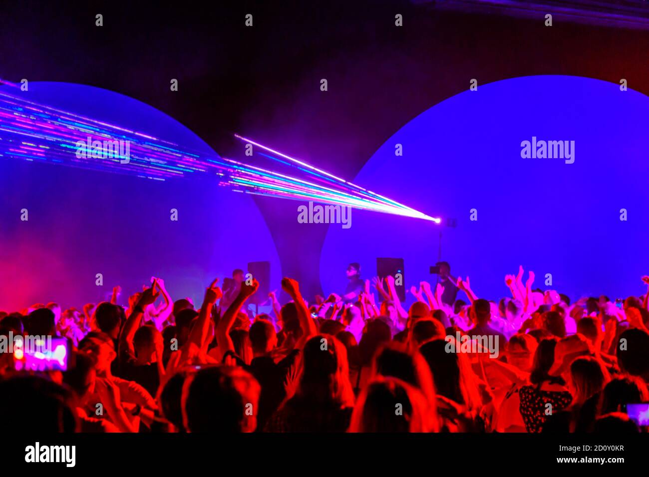 Crowd and DJs dancing during party Stock Photo - Alamy