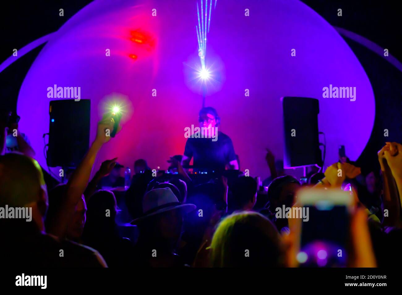 Crowd and DJs dancing during party Stock Photo - Alamy