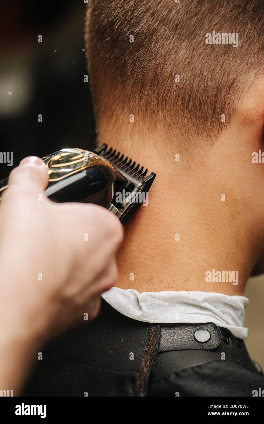 Neck close up, young man in a barber shop getting a trim Stock Photo ...