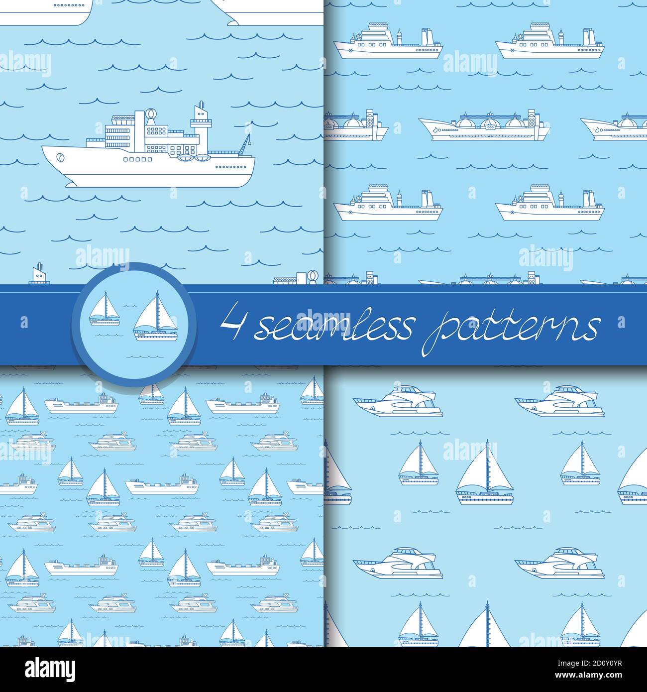 Vector set of four seamless patterns with ships: tanker, bulk carrier ...
