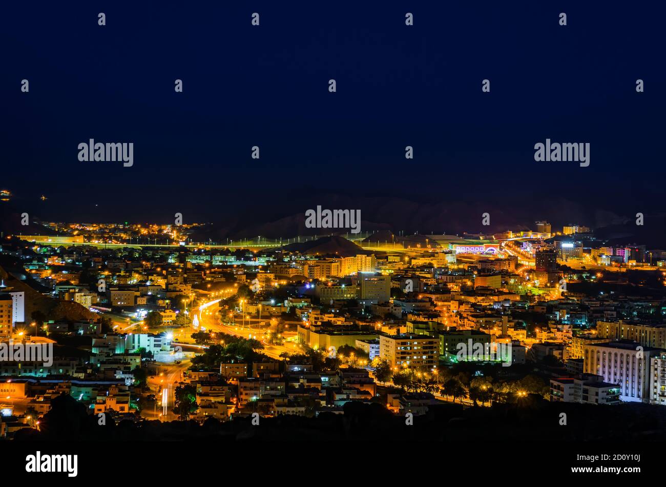 Illuminated cityscape of Muscat, Oman. Long Exposure Photography Stock ...