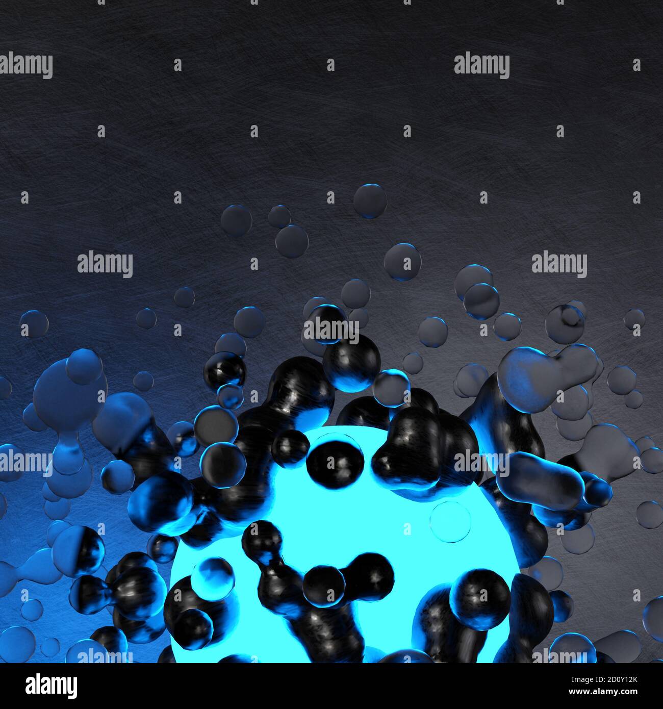 3d blue glowing liquid metal blob against metallic background, 3d ...