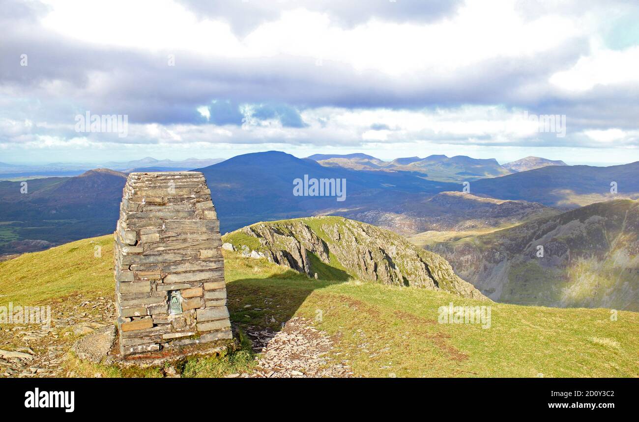 Views of Moel Hebog and Nantlle Ridge from summit of Moelwyn Mawr Stock ...