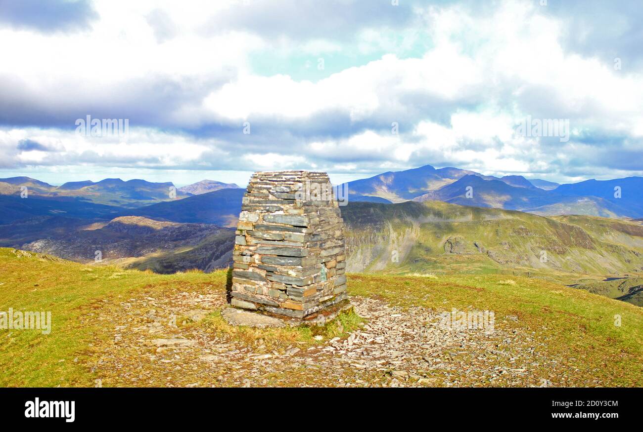 Views of Cnicht, Nantlle Ridge and Snowdon from summit of Moelwyn Mawr ...