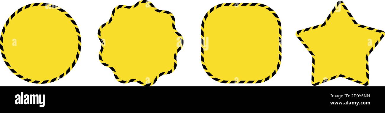 Set of barricade tape stickers. Yellow and black sale tags and round ...