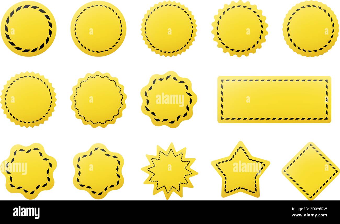 Set of barricade tape stickers. Yellow and black sale tags and round ...