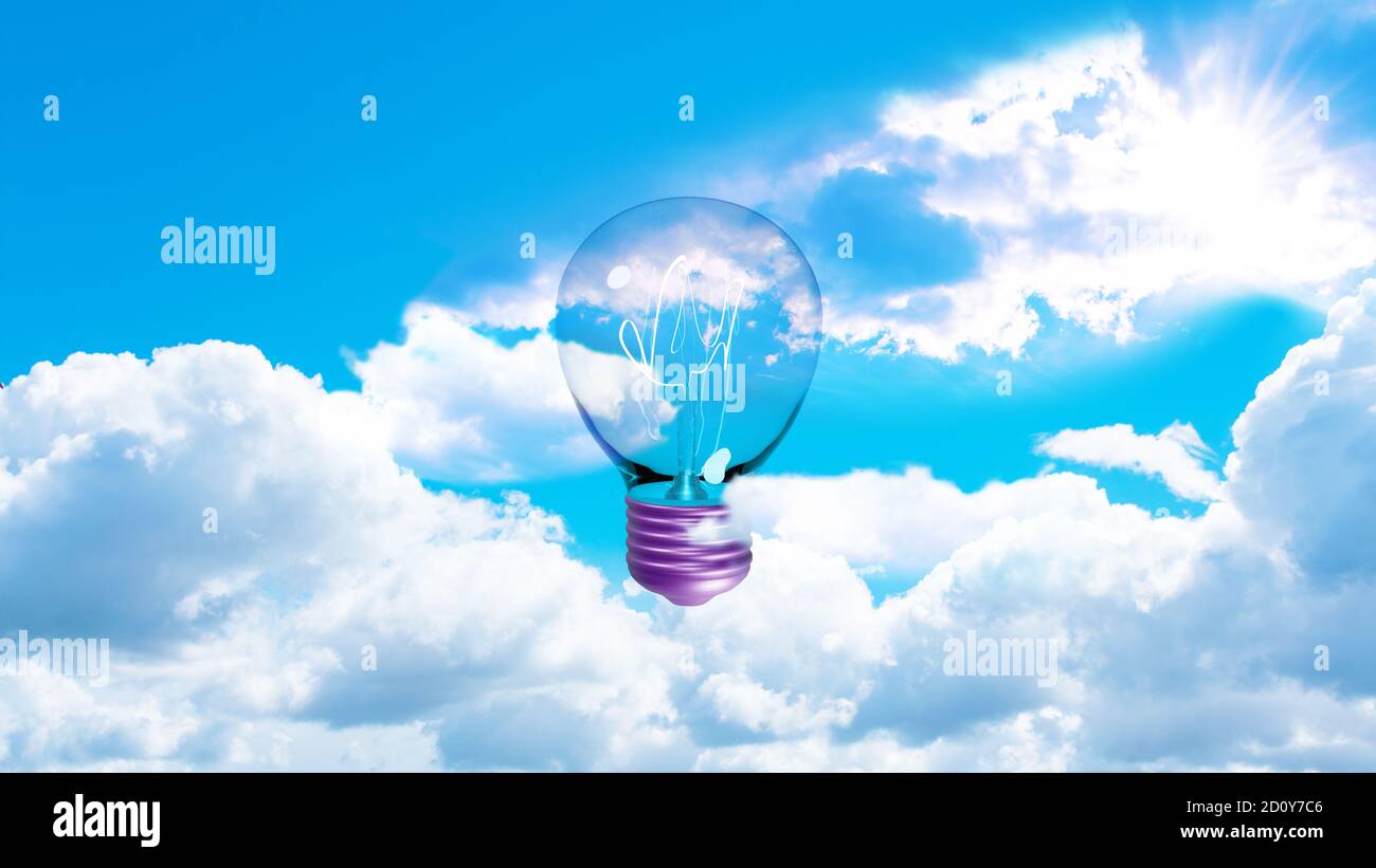 Light bulb with filaments and purple socket in the cloudy sky. 3d ...