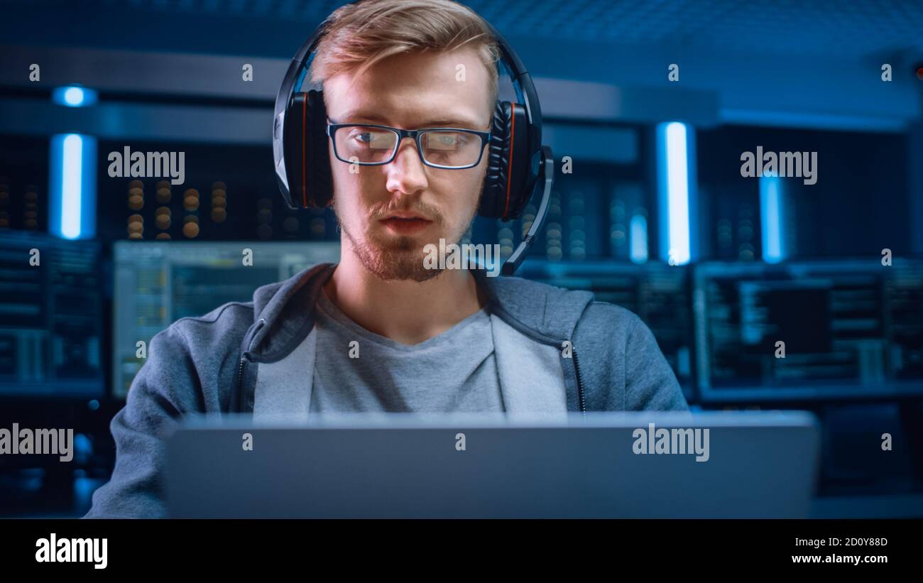 Portrait of Software Developer Hacker Gamer Wearing Glasses and Headset ...