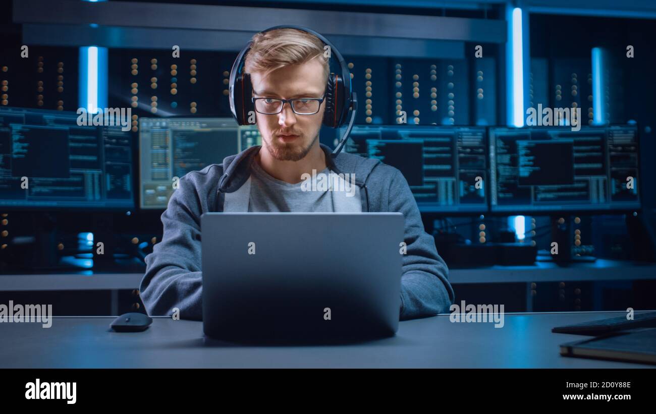 Portrait of Software Developer Hacker Gamer Wearing Glasses and Headset ...