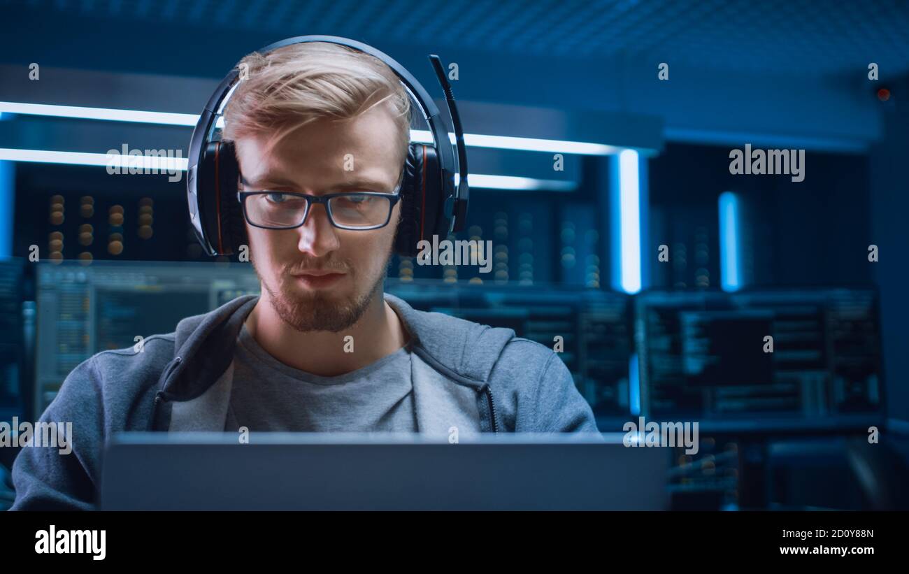 Portrait of Software Developer Hacker Gamer Wearing Glasses and Headset ...