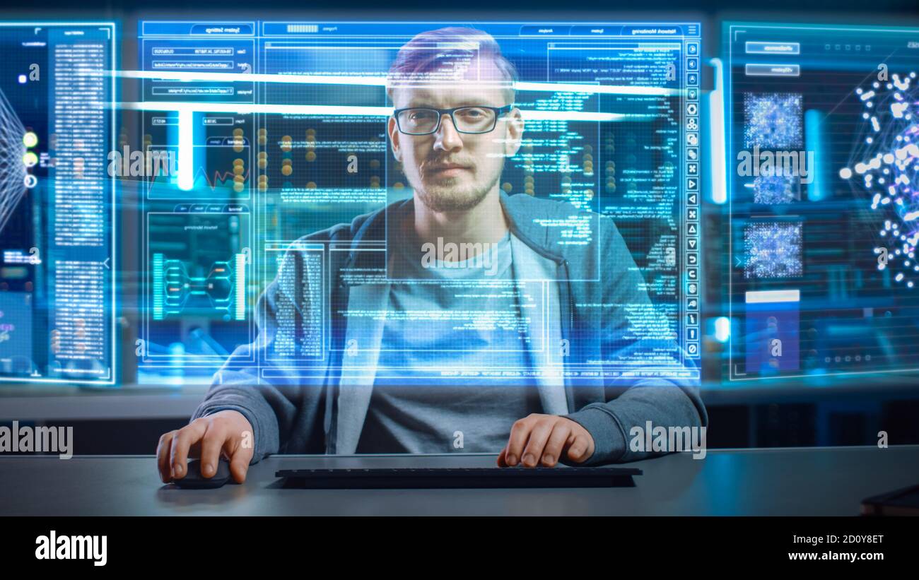 Portrait of Software Developer Hacker Wearing Glasses Sitting at His ...