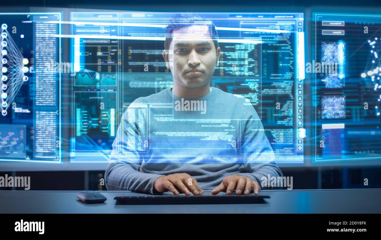 Portrait of Software Developer Hacker Wearing Glasses Sitting at His ...