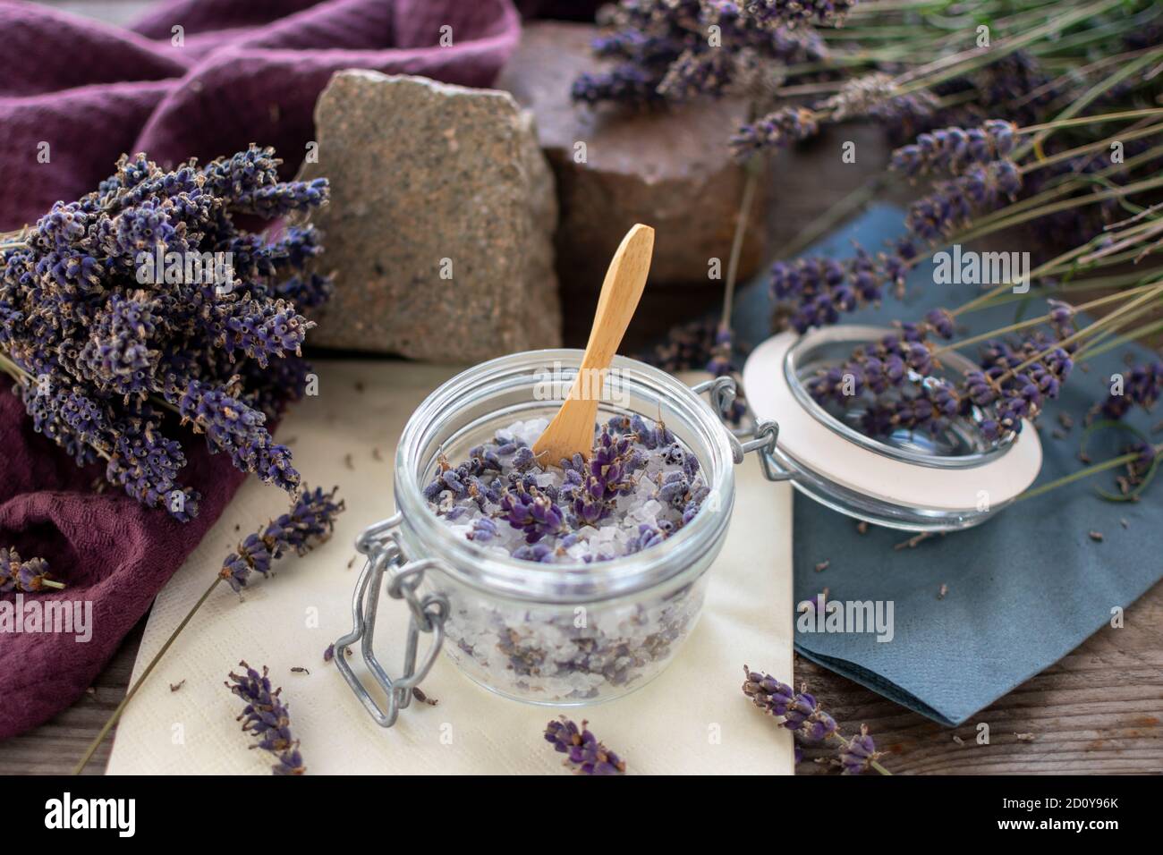 Lavender sugar in a preserving jar. Lavender (Lavandula angustifolia ...