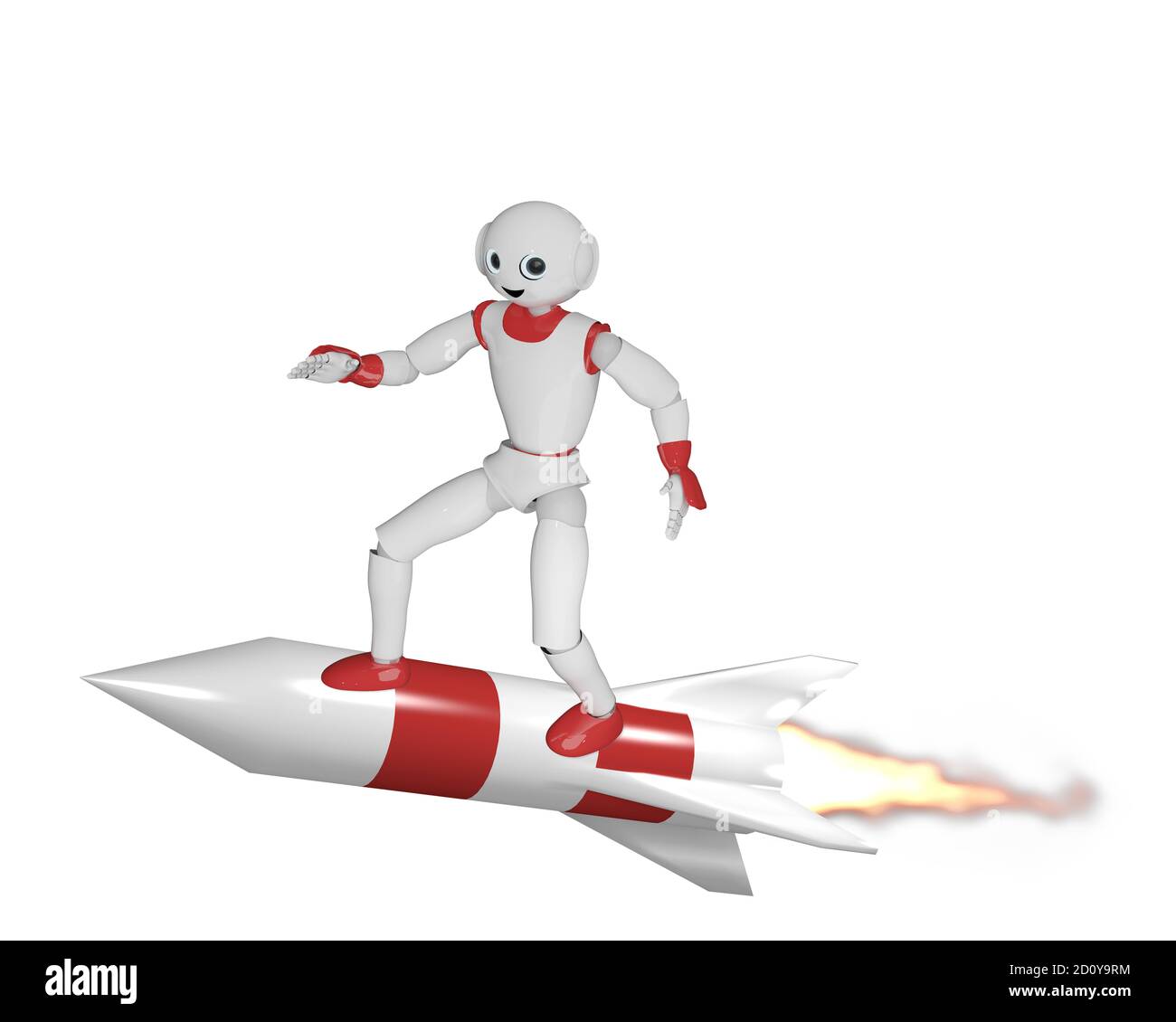 3d robot flies standing on a rocket. 3d rendering isolated on white ...