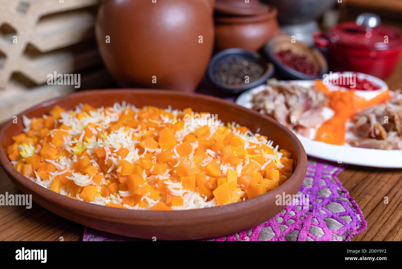 Pumpkin rice pilaf meal close up Stock Photo - Alamy
