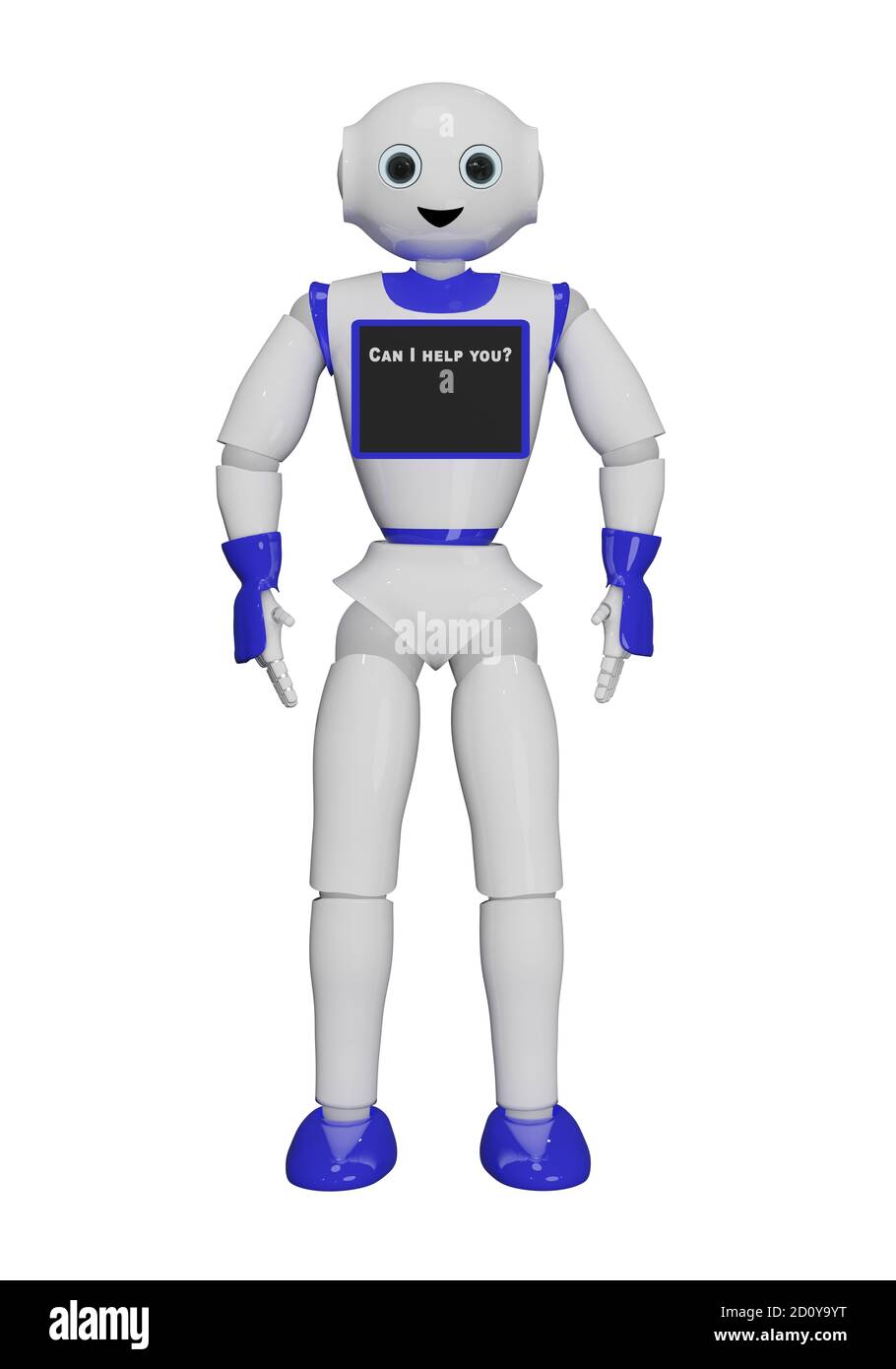 cute 3d robot with a laptop that says "Can I help you Stock Photo - Alamy