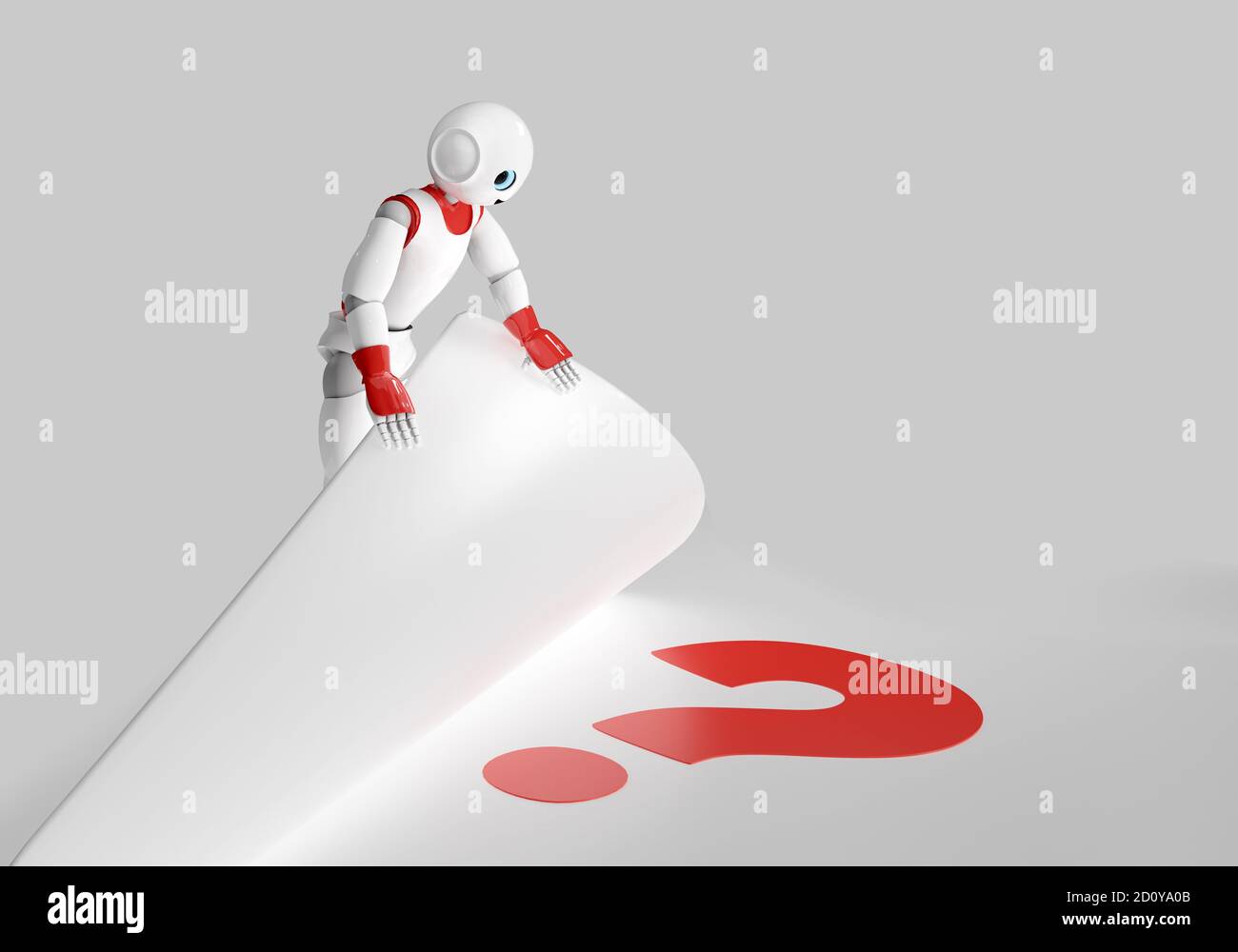 cute 3d robot finds a question mark. 3d rendering isolated on white ...
