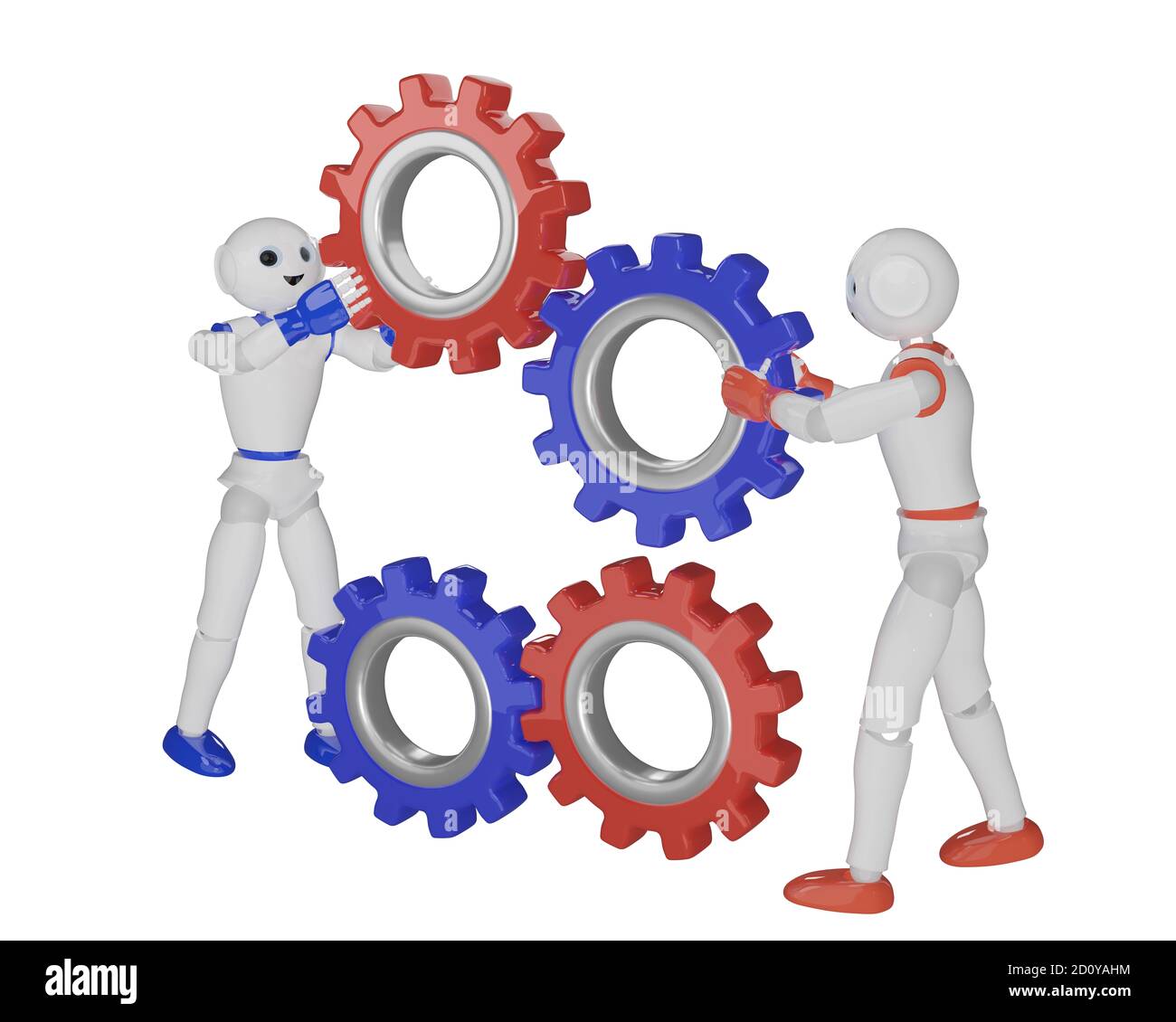 two robots assemble gears. 3d rendering Stock Photo - Alamy