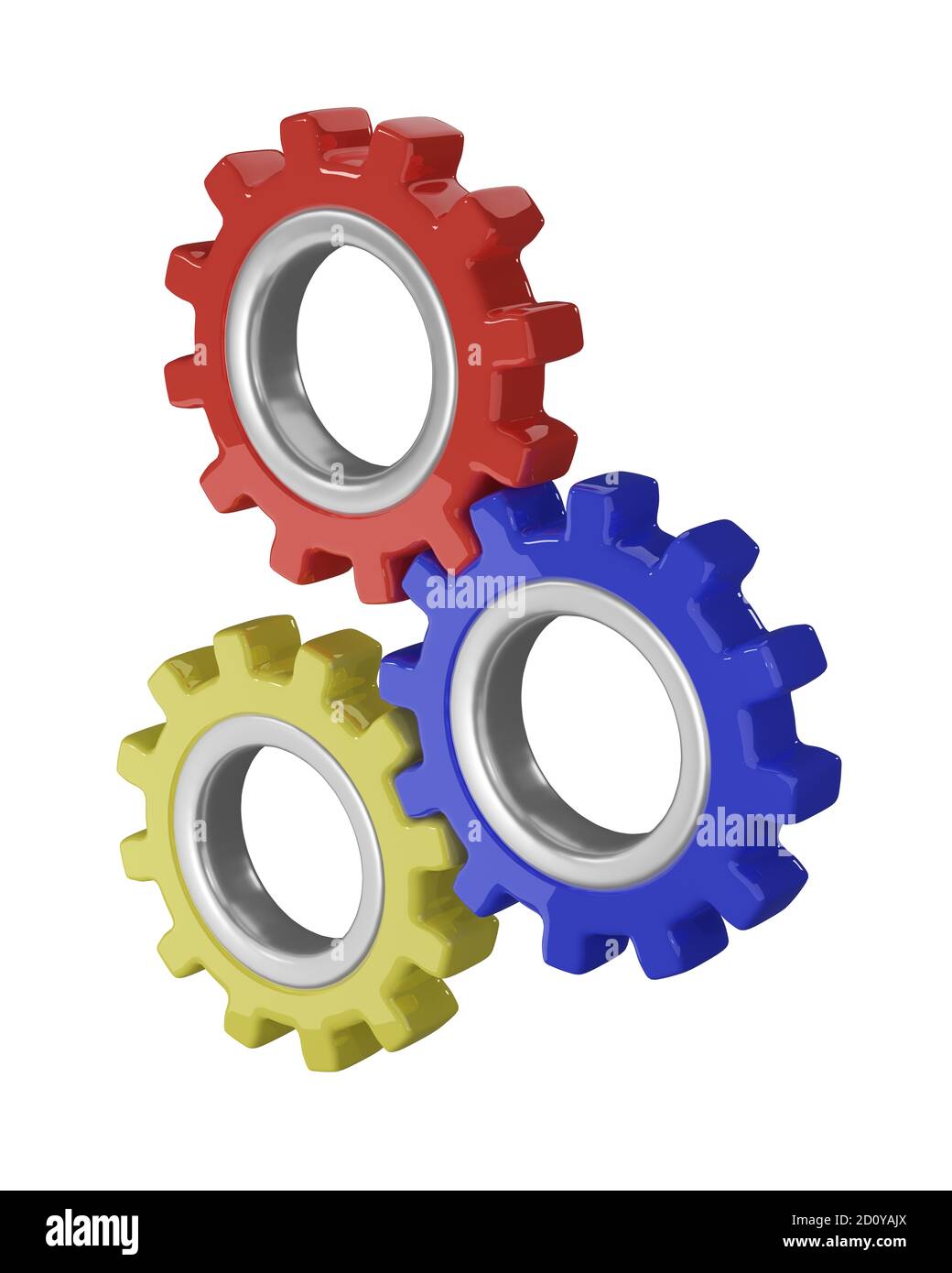 Gear wheels in red, blue and yellow, which mesh with each other. 3d ...