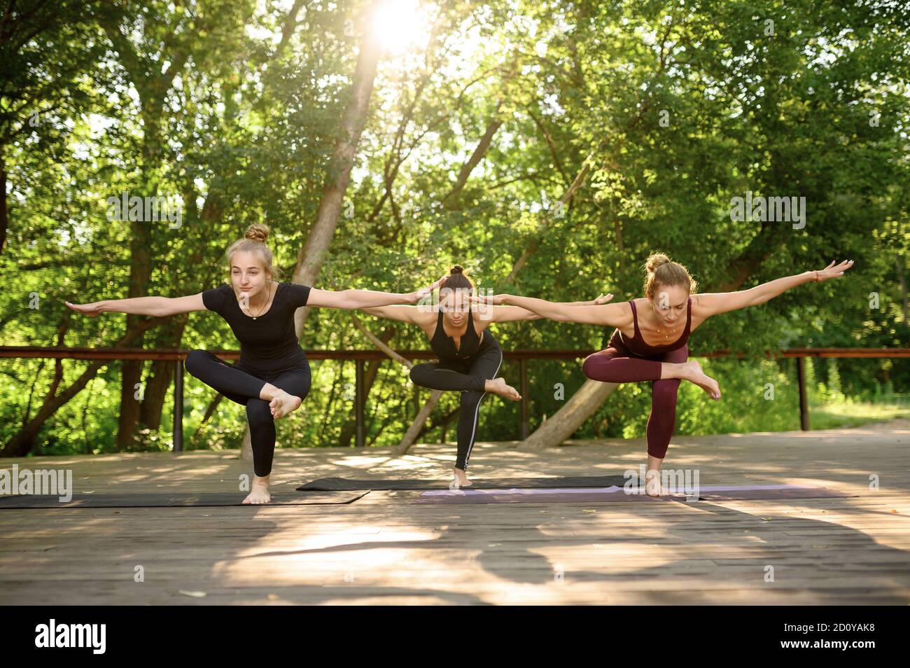 Three women doing balance exercise, group yoga Stock Photo - Alamy