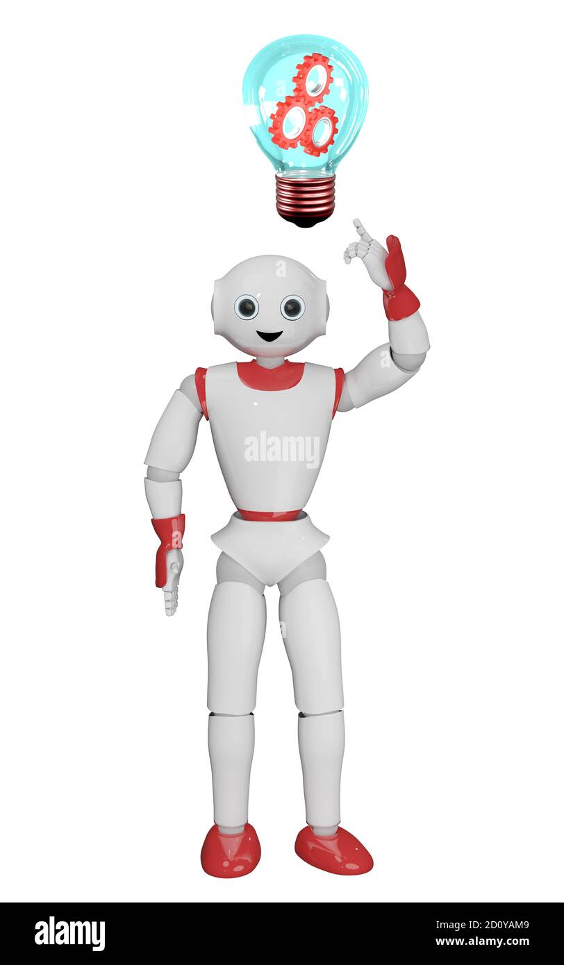 humanoid robot points to a light bulb with gears. 3d rendering Stock ...