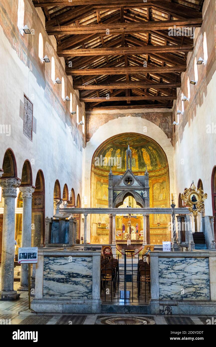 The nave of the Santa Maria in Cosmedin church, Rome. Wooden rafters ...