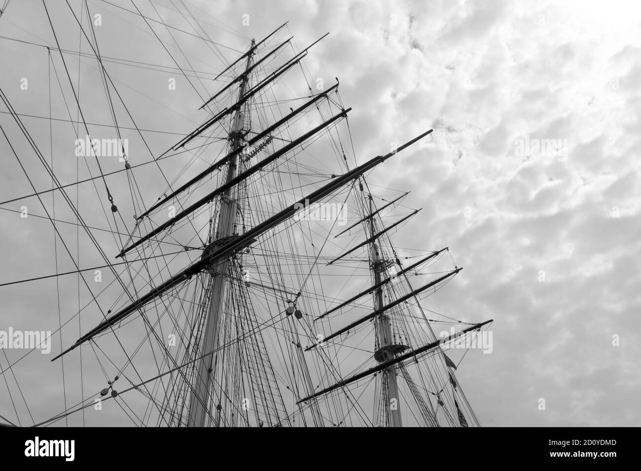Masts and Rigging of old tea clipper sailing ship. Black & White image ...
