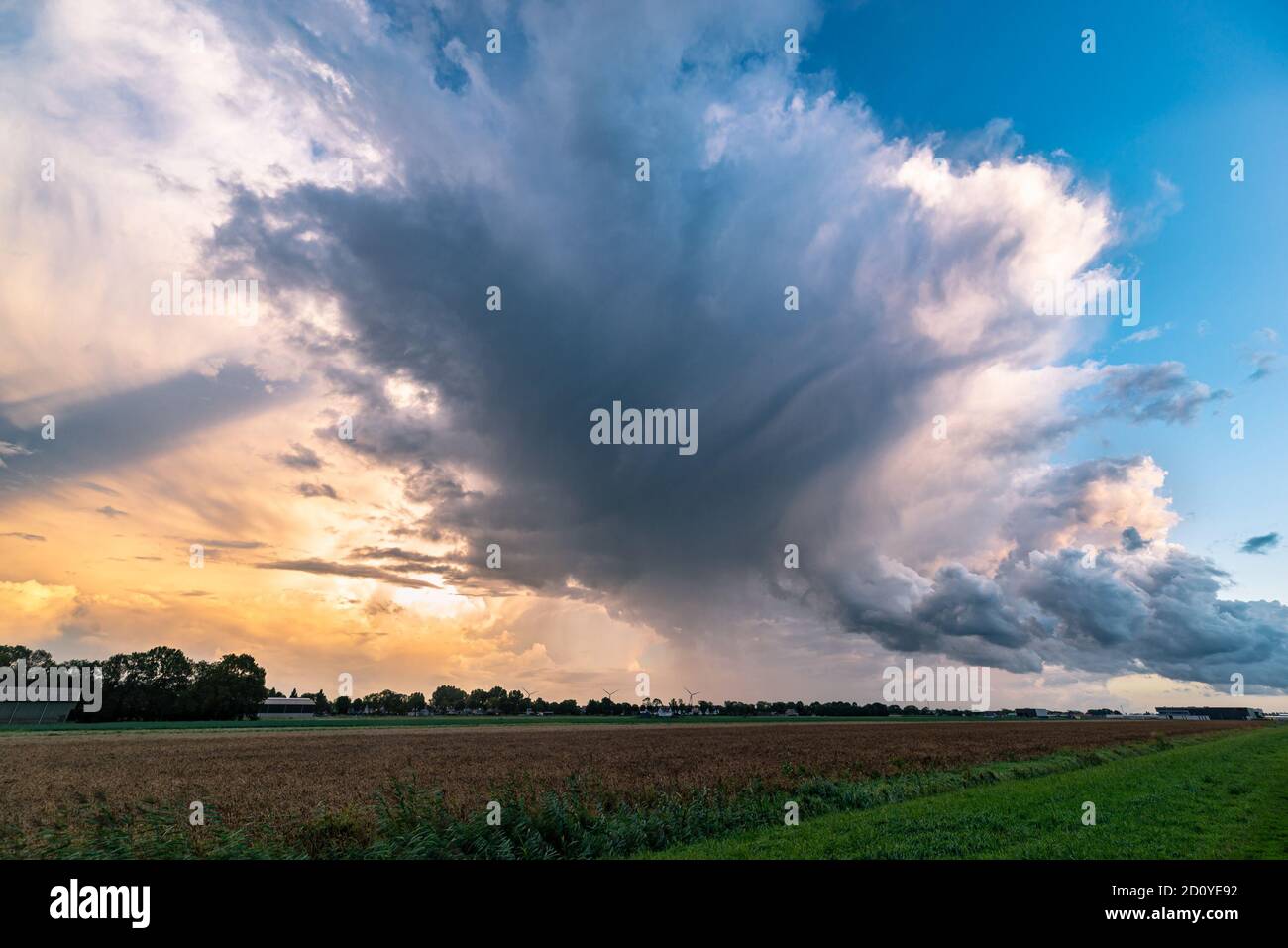 Anvil of a storm cloud is raining out over the dutch landscape at ...