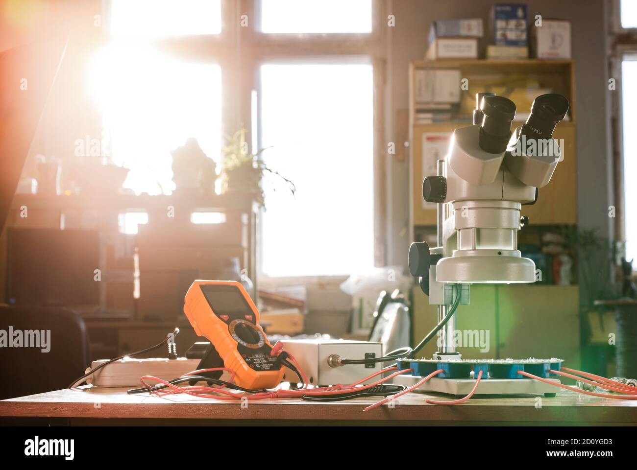 Large modern electron microscope. Microwave coaxial connector and ...