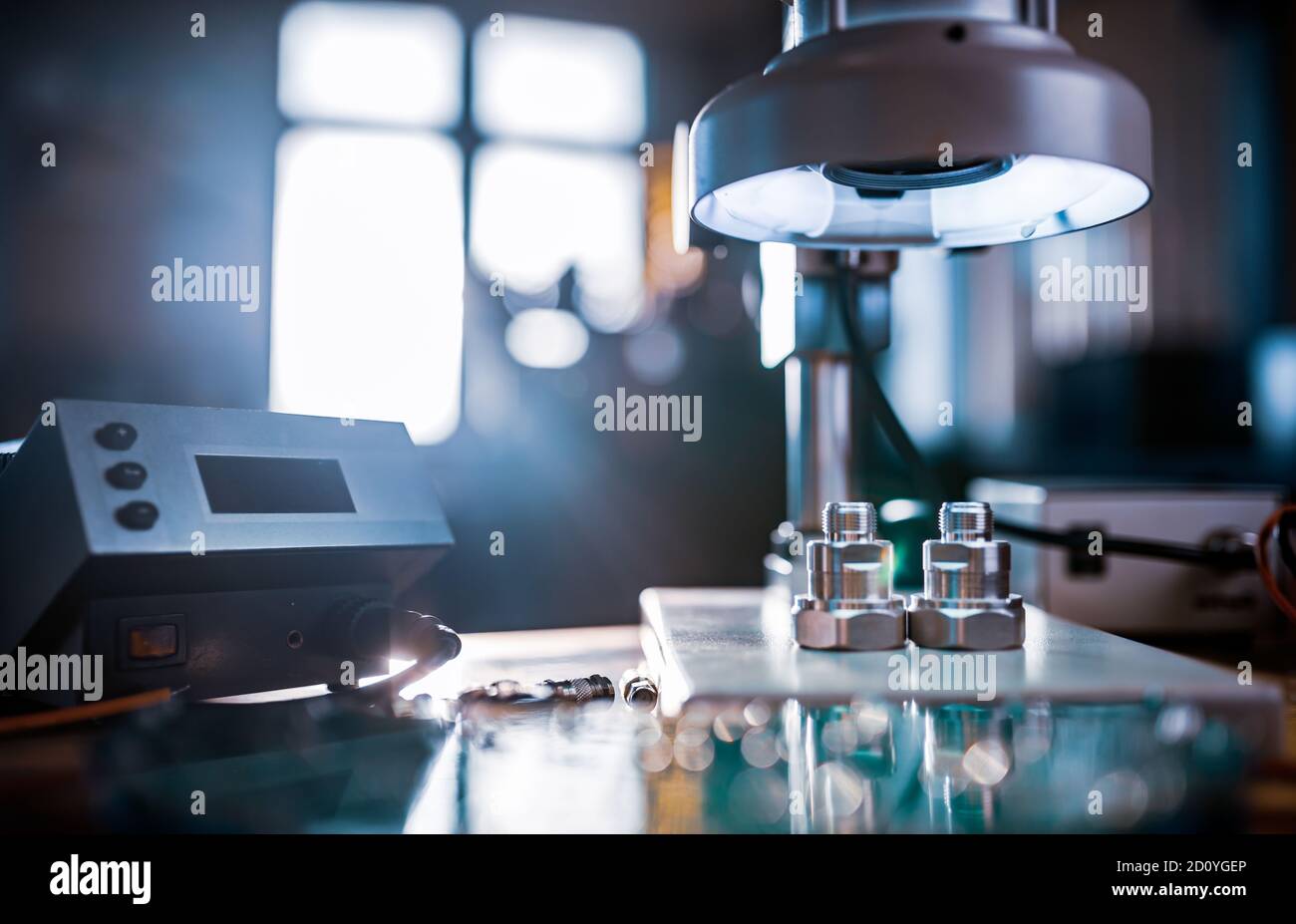 Large modern electron microscope. Microwave coaxial connector and ...