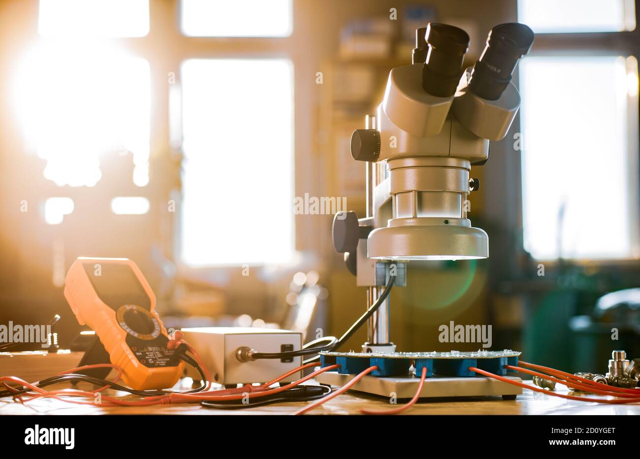 Large modern electron microscope. Microwave coaxial connector and ...